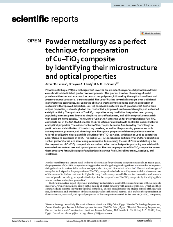 (PDF) Powder metallurgy as a perfect technique for preparation of Cu–TiO2 composite by ...