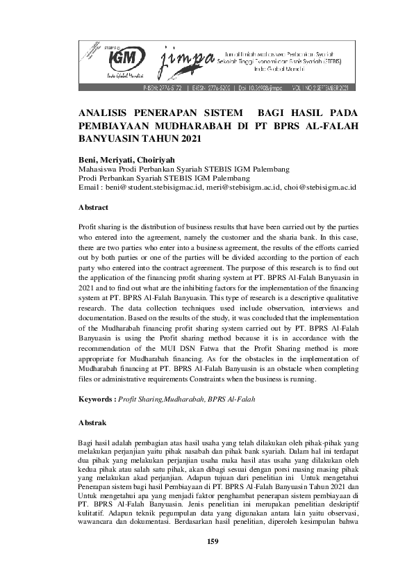 (PDF) Analisis Penerapan Sistem Bagi Hasil Pada Pembiayaan Mudharabah DI PT BPRS Al-Falah ...