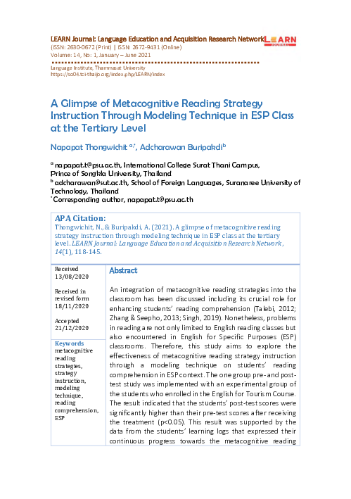 Pdf A Glimpse Of Metacognitive Reading Strategy Instruction Through Modeling Technique In Esp