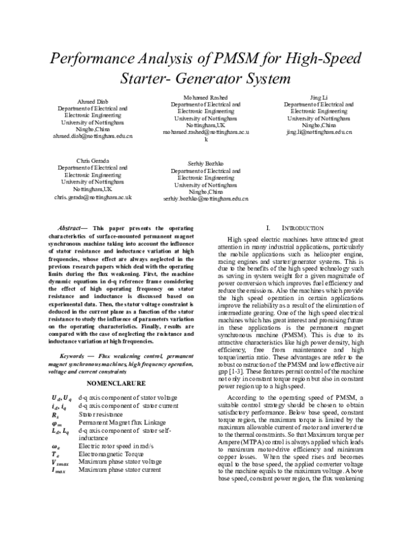 (PDF) Performance Analysis of PMSM for High-Speed Starter-Generator System