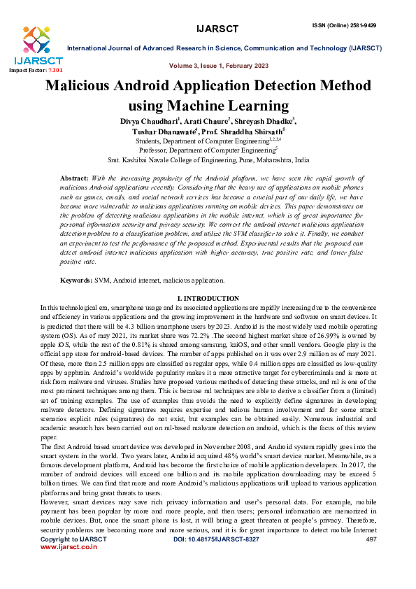 (PDF) Malicious Android Application Detection Method using Machine Learning