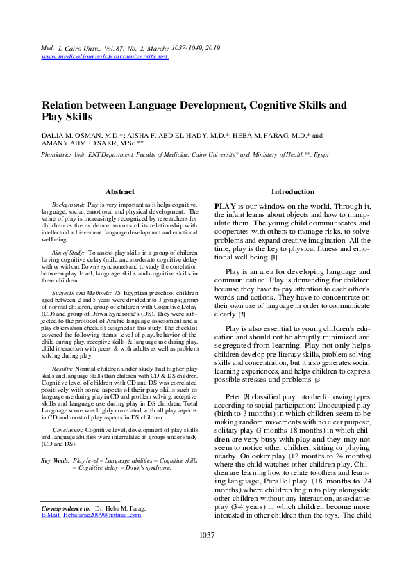 (PDF) Relation between Language Development, Cognitive Skills and Play Skills