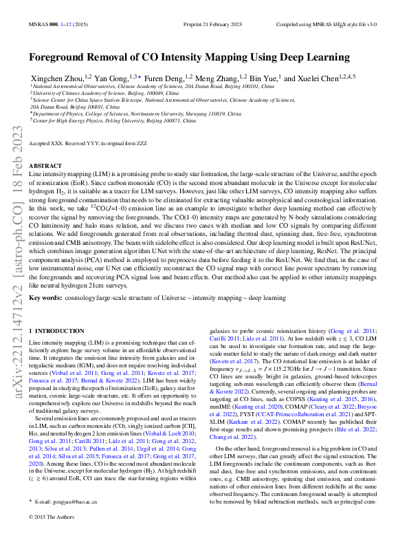 (PDF) Foreground removal of CO intensity mapping using deep learning