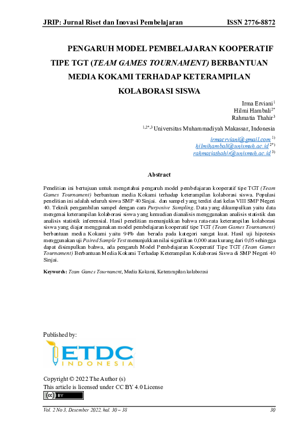 (PDF) Pengaruh Model Pembelajaran Kooperatif Tipe Think Pair Share (TPS) Dengan Media Kartu ...