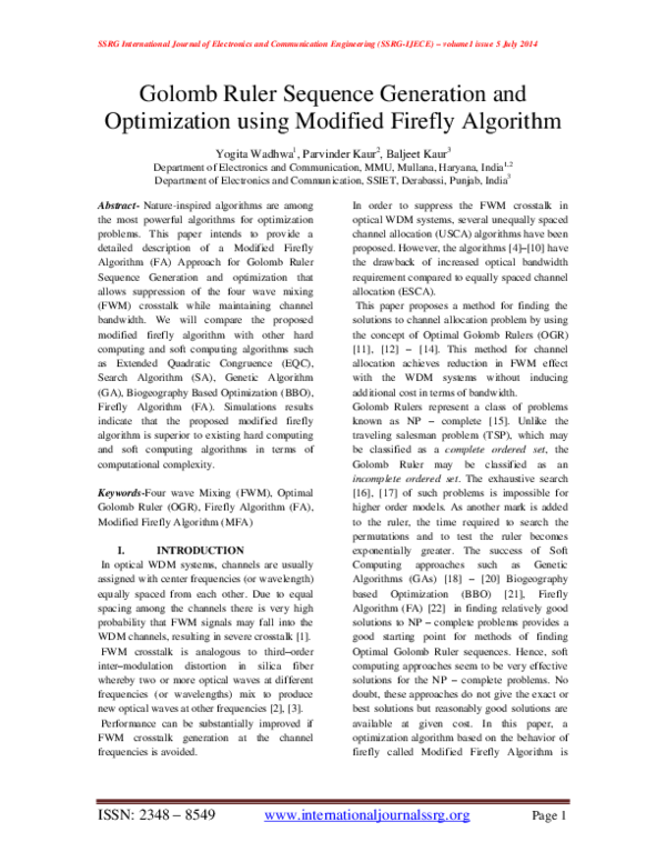 Pdf Golomb Ruler Sequence Generation And Optimization Using Modified Firefly Algorithm
