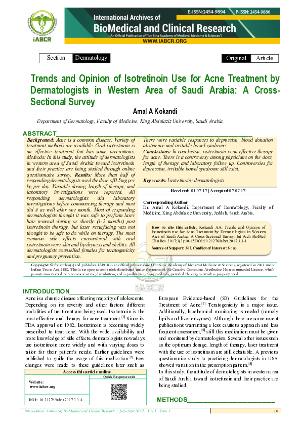 (PDF) Isotretinoin Use for Acne: Dermatologists' Survey
