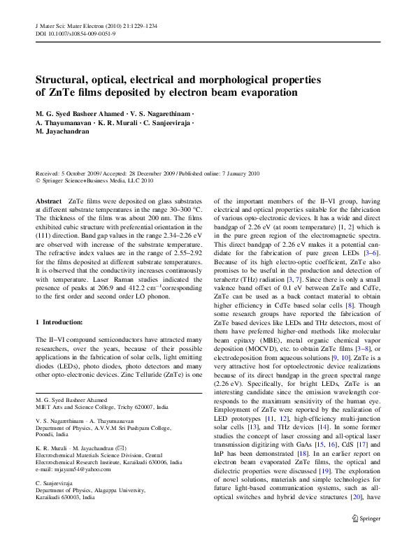 (PDF) Structural, optical, electrical and morphological properties of ZnTe films deposited by ...