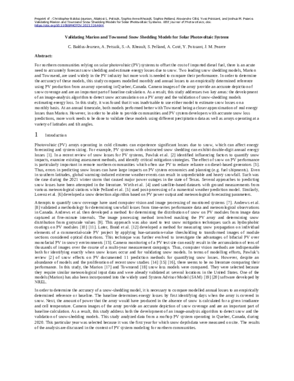 (PDF) Validating Marion and Townsend Snow Shedding Models for Solar ...