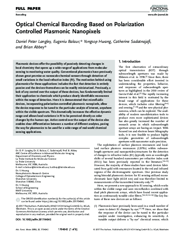 (PDF) Optical Chemical Barcoding Based on Polarization Controlled Plasmonic Nanopixels