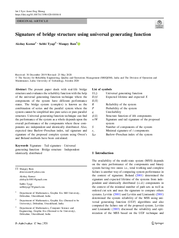 (PDF) Signature of bridge structure using universal generating function