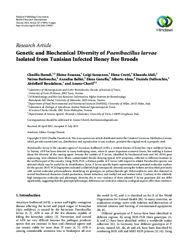 (PDF) Genetic and Biochemical Diversity ofPaenibacillus larvaeIsolated ...