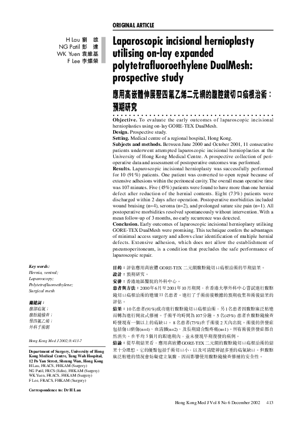 (PDF) Laparoscopic incisional hernioplasty utilising on-lay expanded ...