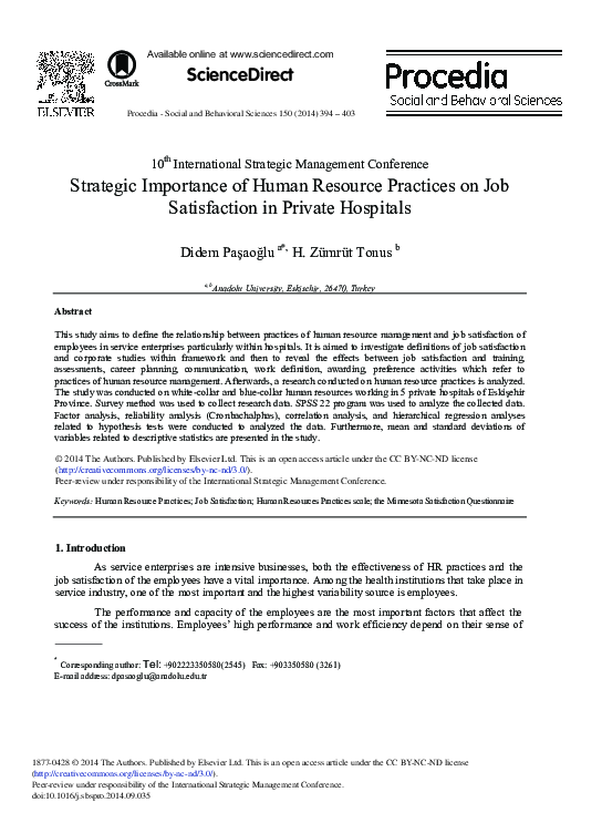 Pdf Strategic Importance Of Human Resource Practices On Job Satisfaction In Private Hospitals