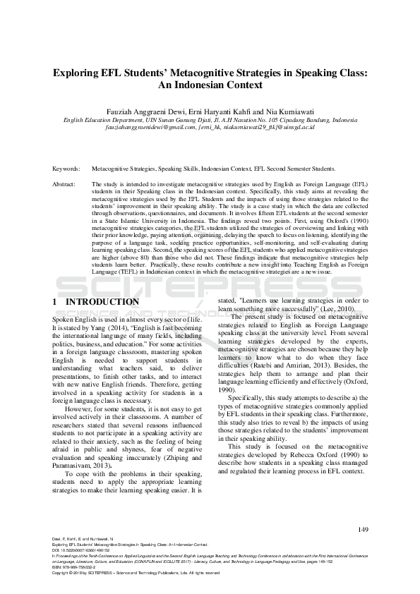 (PDF) Exploring EFL Students’ Metacognitive Strategies in Speaking Class: An Indonesian Context