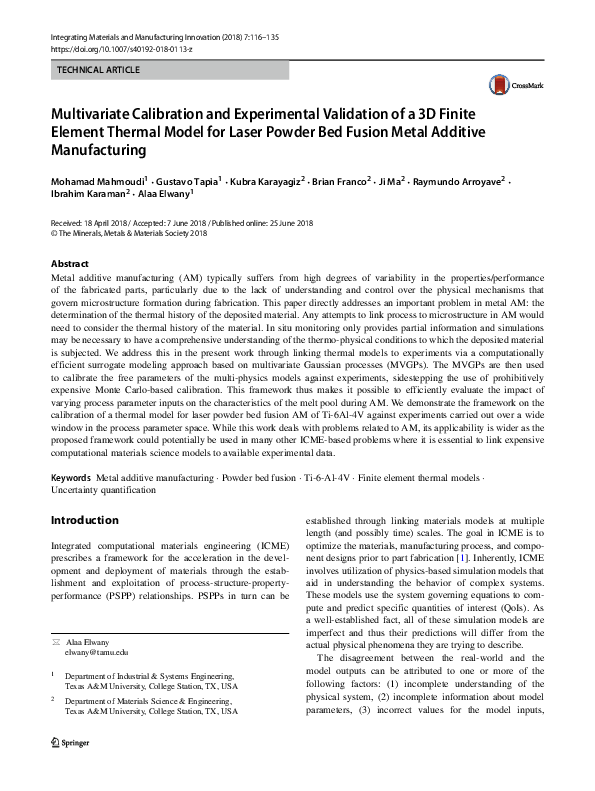 Pdf Multivariate Calibration And Experimental Validation Of A 3d Finite Element Thermal Model