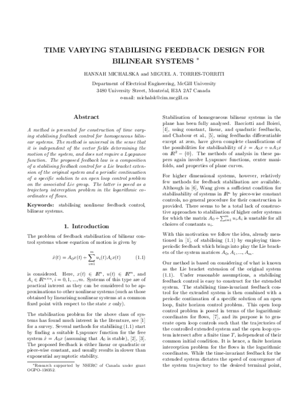 (PDF) Time Varying Stabilising Feedback Design for Bilinear Systems
