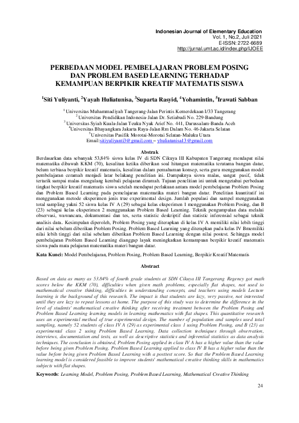 (PDF) Perbedaan Model Pembelajaran Problem Posing Dan Problem Based Learning Terhadap Kemampuan ...