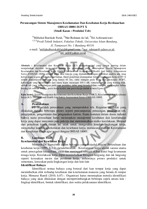 (PDF) PERANCANGAN SISTEM MANAJEMEN KESELAMATAN DAN KESEHATAN KERJA BERDASARKAN OHSAS 18001 DI PT ...