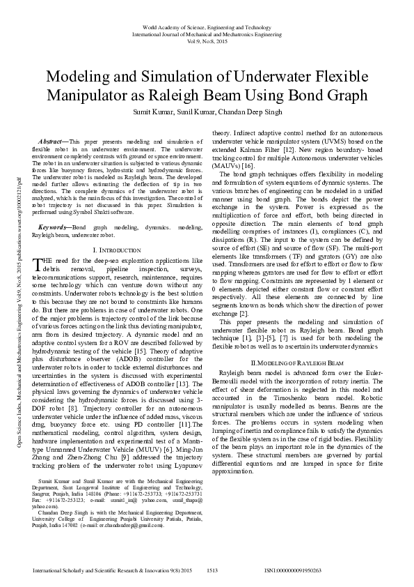 (PDF) Modeling And Simulation Of Underwater Flexible Manipulator As Raleigh Beam Using Bond Graph