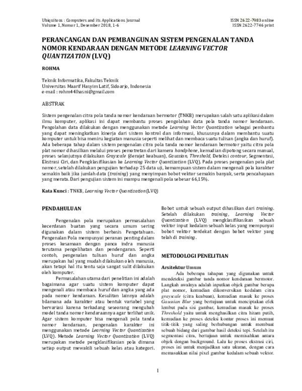 (PDF) Perancangan Dan Pembangunan Sistem Pengenalan Tanda Nomor Kendaraan Dengan Metode Learning ...