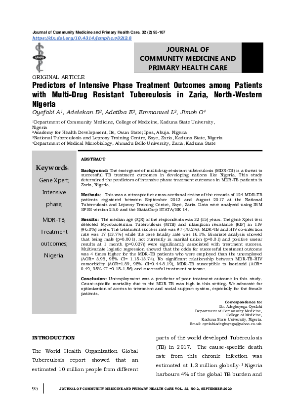 (PDF) Predictors of Intensive Phase Treatment Outcomes among Patients ...