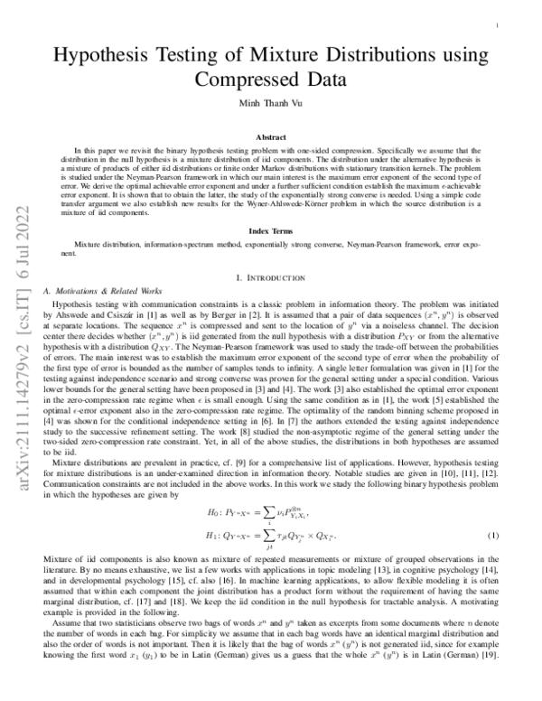 (PDF) Hypothesis Testing of Mixture Distributions using Compressed Data