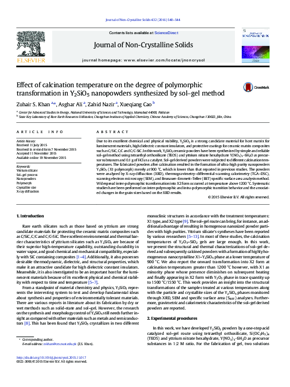 (PDF) Effect of calcination temperature on the degree of polymorphic transformation in Y2SiO5 ...
