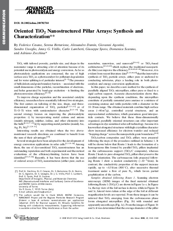 (PDF) Oriented TiO2Nanostructured Pillar Arrays: Synthesis and ...