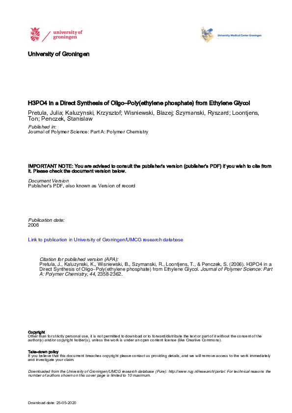 (PDF) H3PO4 in a direct synthesis of oligo–poly(ethylene phosphate)from ethylene glycol ...