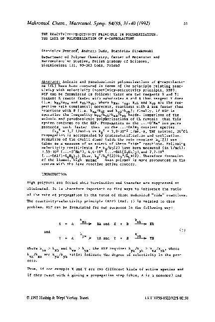(PDF) The reactivity-selectivity principle in polymerization. The case ...