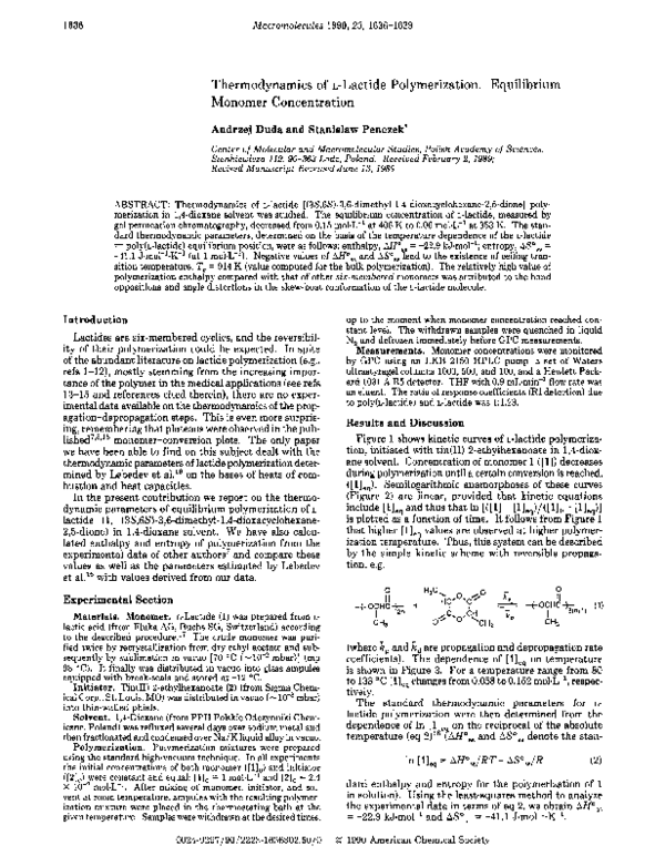 (PDF) Thermodynamics of L-lactide polymerization. Equilibrium monomer ...