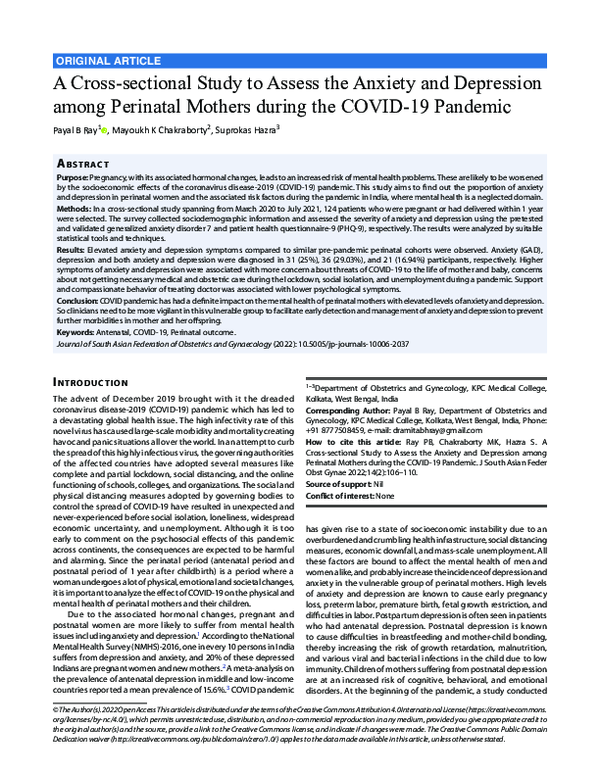 (PDF) A Cross-sectional Study to Assess the Anxiety and Depression ...