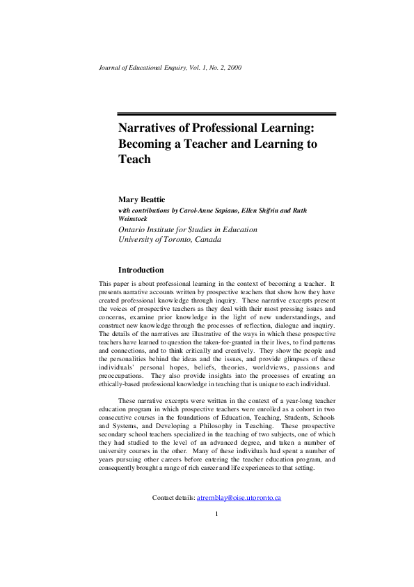 (PDF) Narratives of professional learning: Becoming a teacher and ...