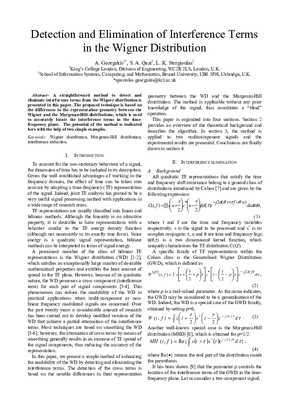 (PDF) Detection and Elimination of Interference Terms in the Wigner Distribution