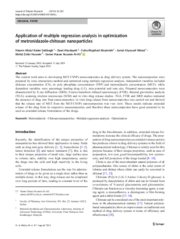 (PDF) Application of multiple regression analysis in optimization of metronidazole-chitosan ...