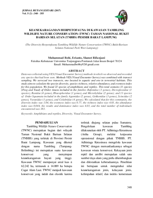 (PDF) Keanekaragaman Herpetofauna DI Kawasan Tambling Wildlife Nature ...