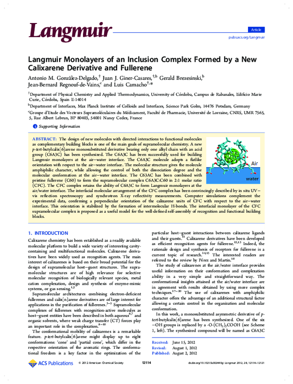 (PDF) Langmuir Monolayers of an Inclusion Complex Formed by a New Calixarene Derivative and ...