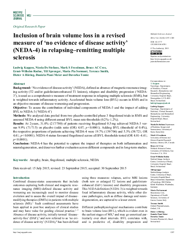 (PDF) Inclusion of brain volume loss in a revised measure of 'no ...