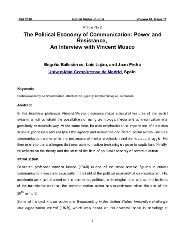 (PDF) The Political Economy of Communication: Power and Resistance, An ...