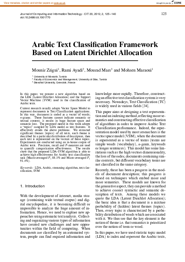 (PDF) Arabic Text Classification Framework Based on Latent Dirichlet Allocation