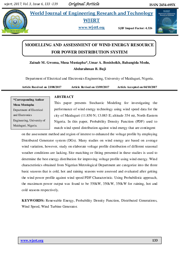 (PDF) Modelling and Assessment of Wind Energy Resource for Power Distribution System | Musa ...
