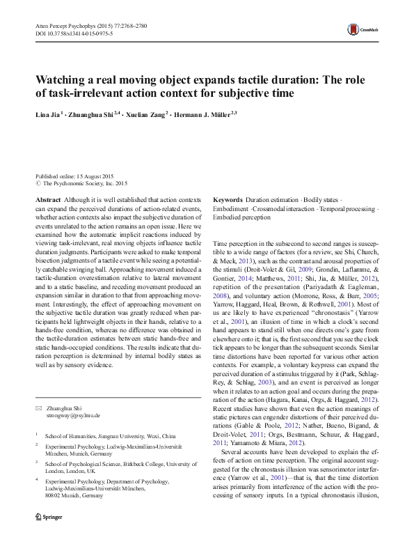 (PDF) Watching a real moving object expands tactile duration: The role of task-irrelevant action ...