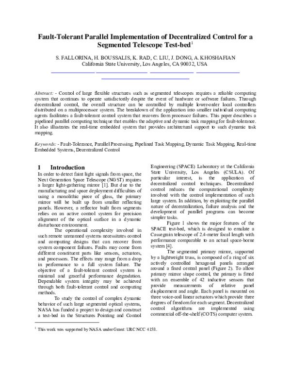 Pdf Fault Tolerant Parallel Implementation Of Decentralized Control For A Segmented Telescope 8040