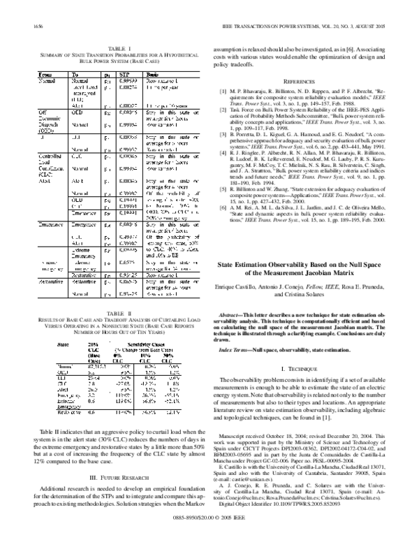 Pdf State Estimation Observability Based On The Null Space Of The Measurement Jacobian Matrix