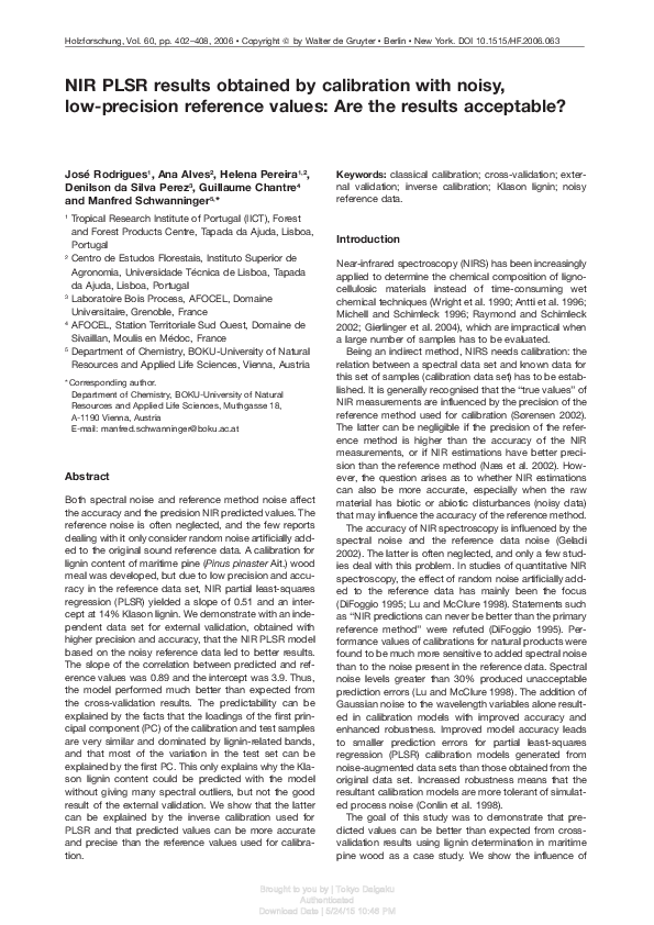 (PDF) NIR PLSR results obtained by calibration with noisy, low ...