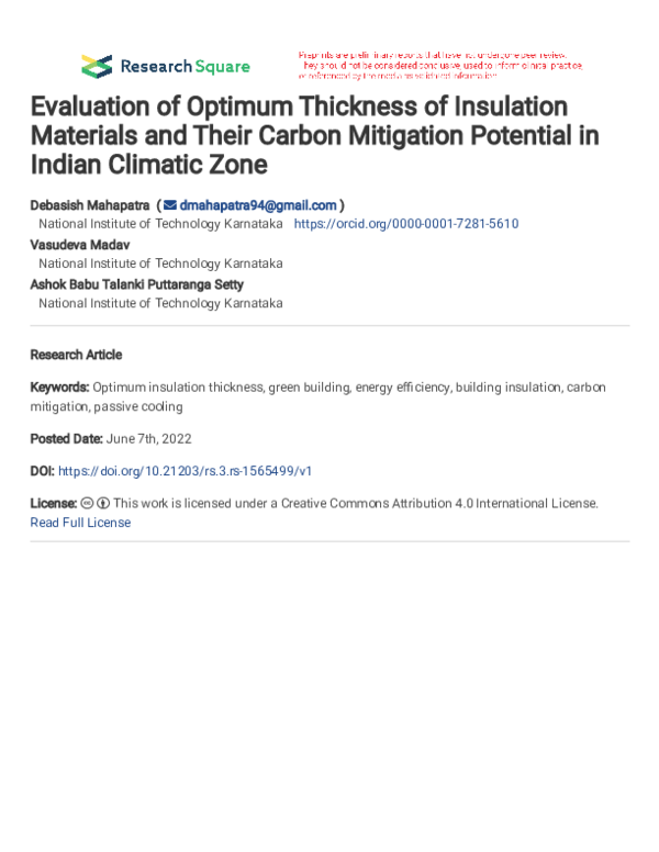 (PDF) Evaluation of Optimum Thickness of Insulation Materials and Their Carbon Mitigation ...