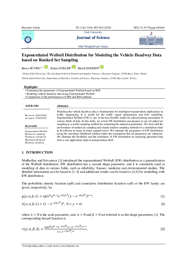 (PDF) Exponentiated Weibull Distribution for Modeling the Vehicle Headway Data based on Ranked ...