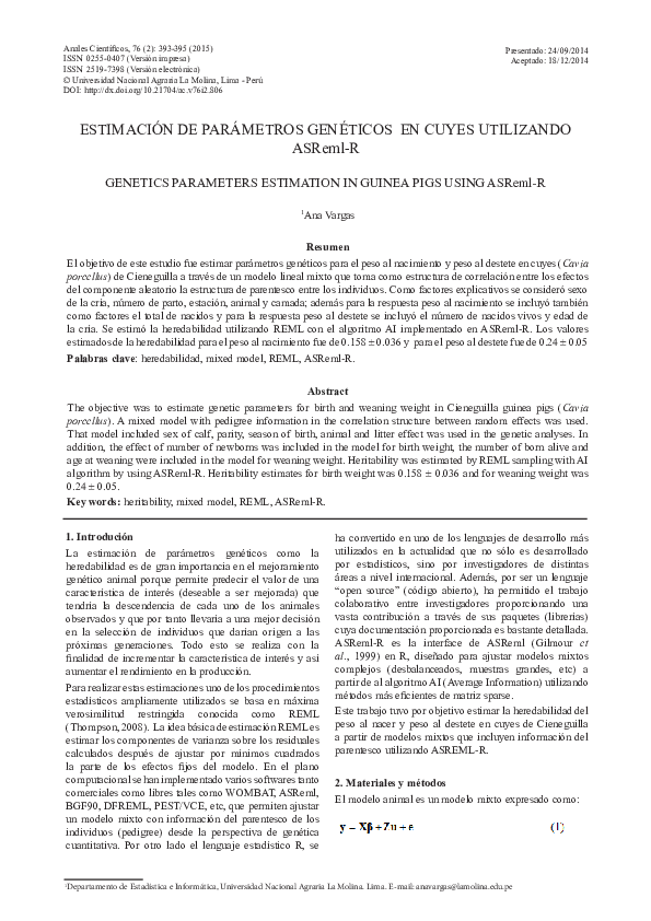 (PDF) ESTIMACIÓN DE PARÁMETROS GENÉTICOS EN CUYES UTILIZANDO ASReml-R