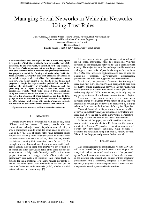 (PDF) Managing Social Networks in vehicular networks using trust rules
