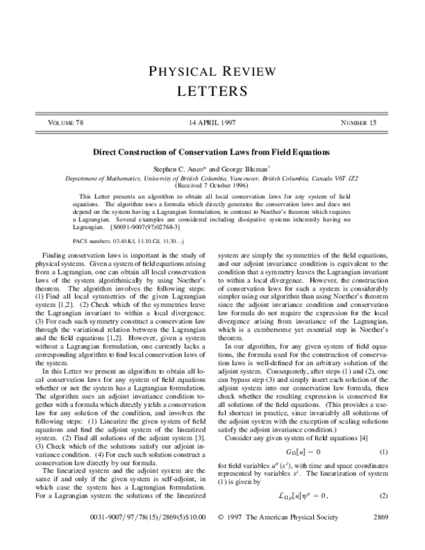 (PDF) Direct Construction of Conservation Laws from Field Equations